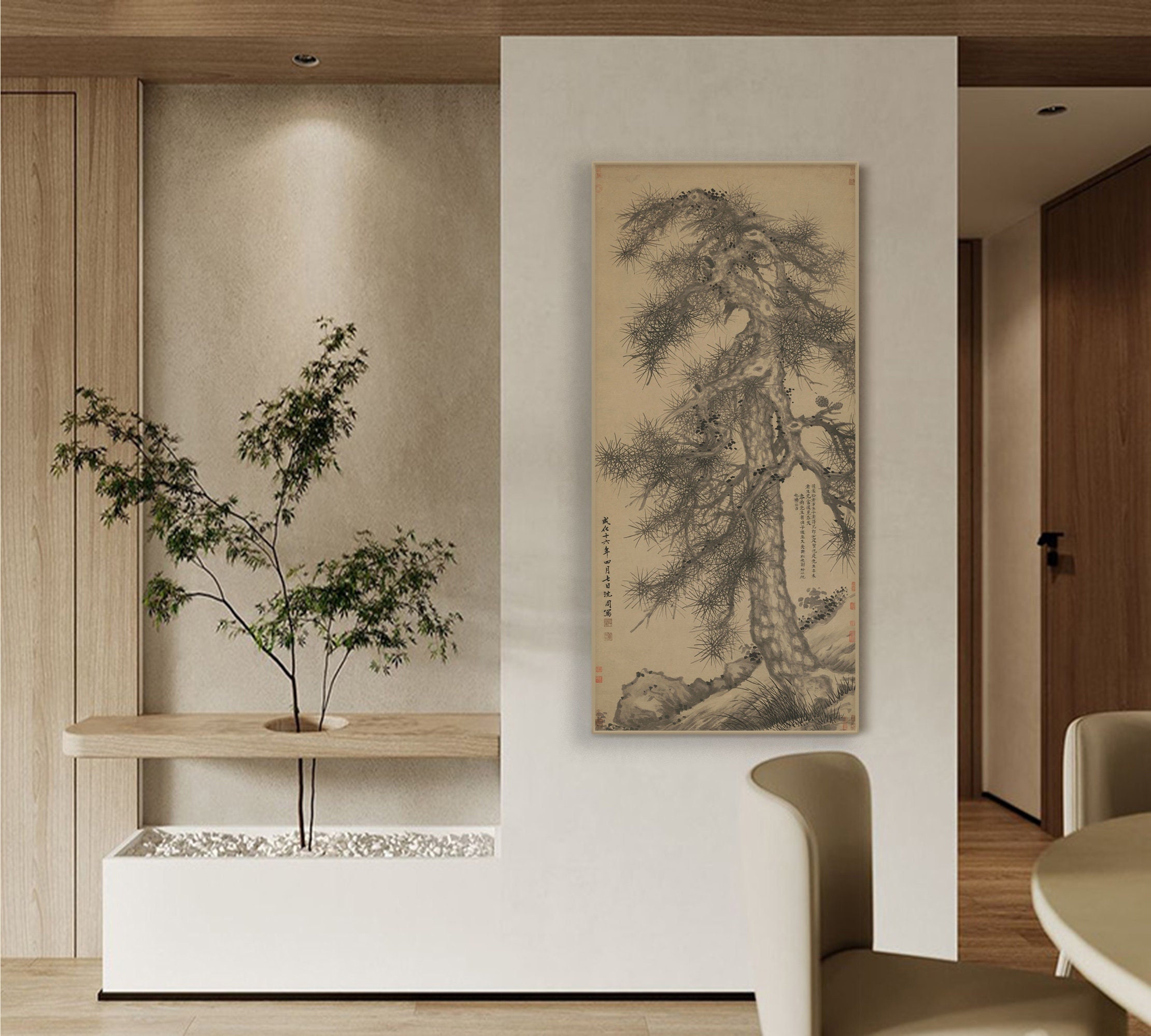 Chinese Antique Pine Tree Painting, Ancient Painting Silk Print, Large ...