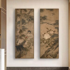 Japanese Art, Set of 2, Bird-and-flower Painting, Japanese Red Crowned ...