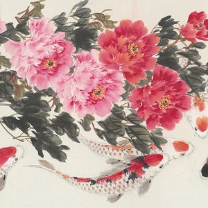 Large Scale Wide Peony and Koi Fish Painting, Peony Art Giclee Print ...
