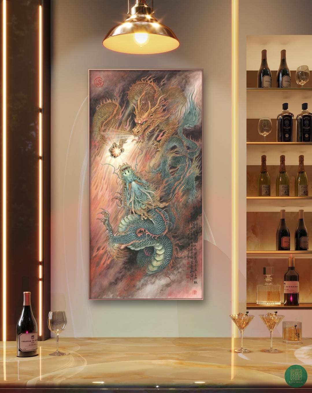 Double Dragons Chasing Pearl, Chinese Mythical Wall Art by Master Chen ...