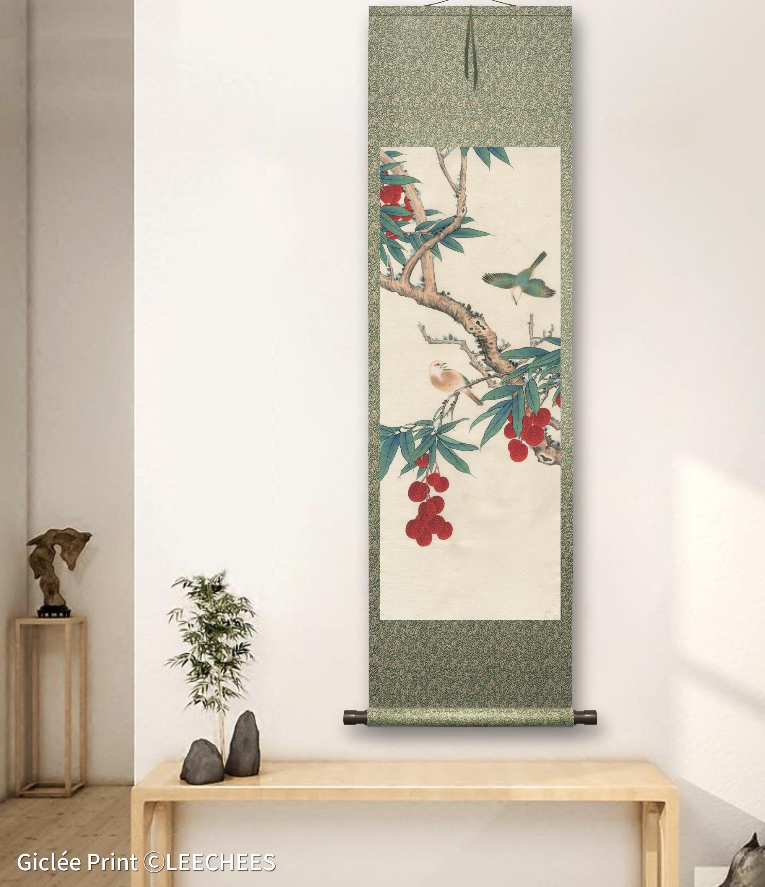 Lychee and Little Blue Birds, Chinese Traditional Gongbi Painting, Bird ...