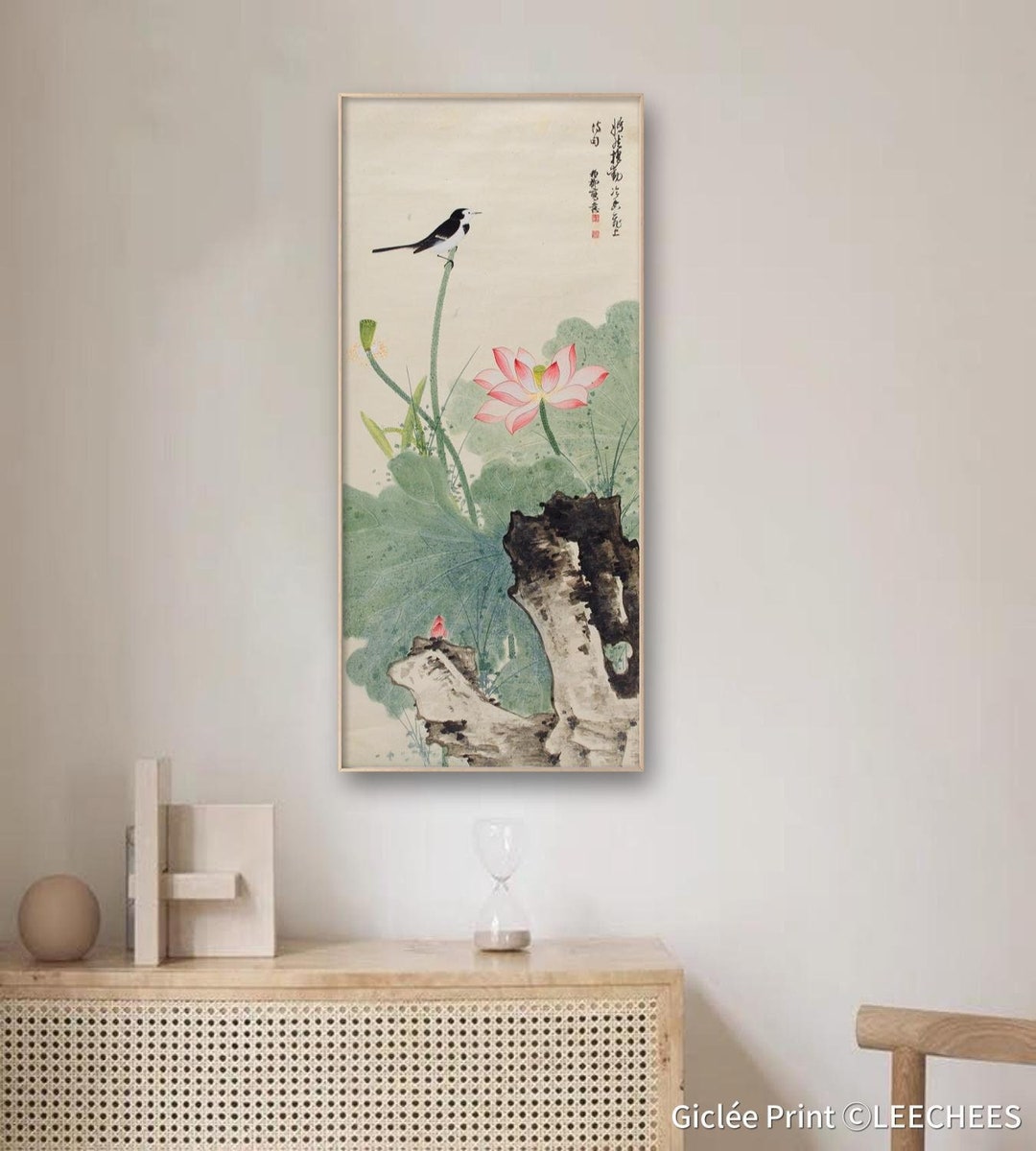 Lotus Art, by Xie Zhiliu, Vertical Silk Hanging Scroll, Handcrafted ...
