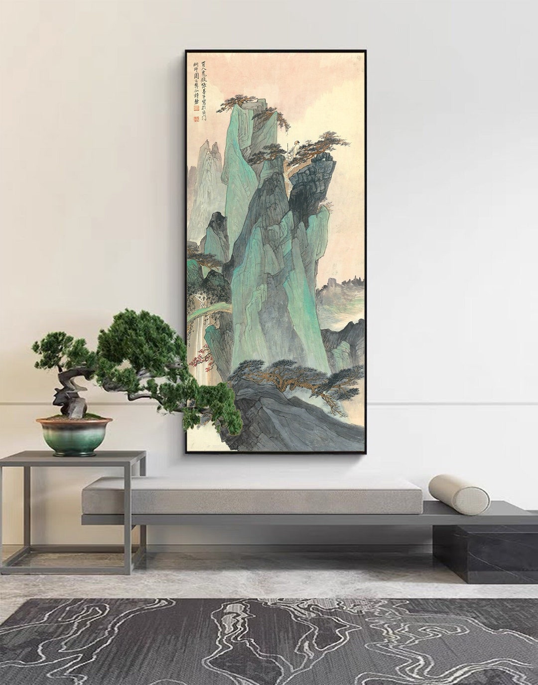 Blue Green Shan Shui Painting, by Zhang Shanzi, Large Vertical Chinese Landscape Painting Art ...
