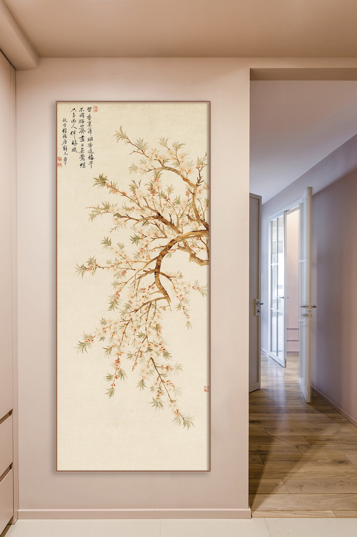 Peach Blossoms, Minimal Boneless Tree Flower Painting Print, Vertical ...