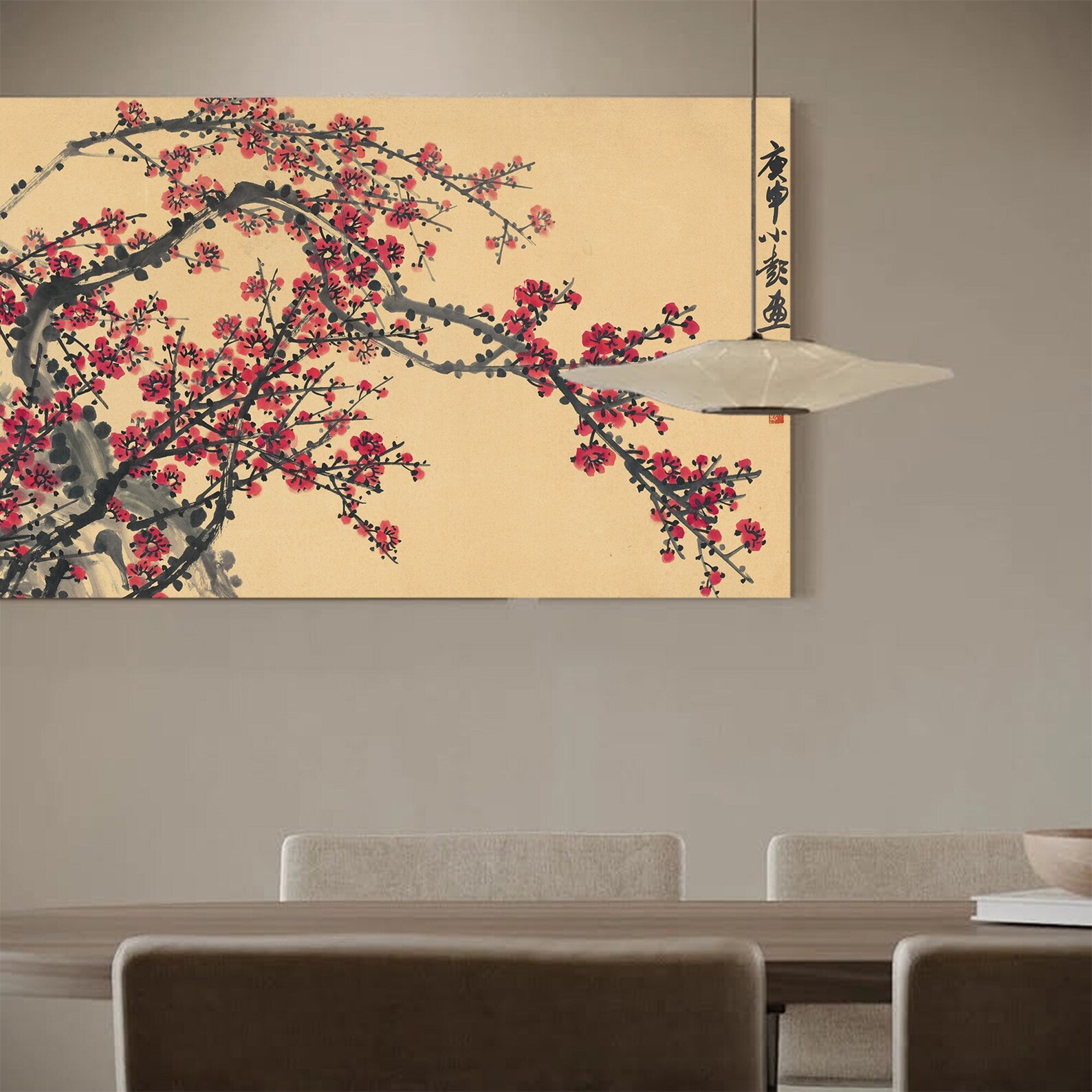 Passionate Full Bloomed Red Plum on Vintage Color Paper, Chinese Red ...
