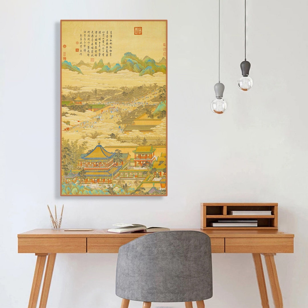 Chinese Meticulous Painting Silk Print, Qing Dynasty/pavilions Palace ...