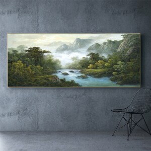Large Horizontal Natural Scenery Painting, Vast Water Areas, Mountains ...