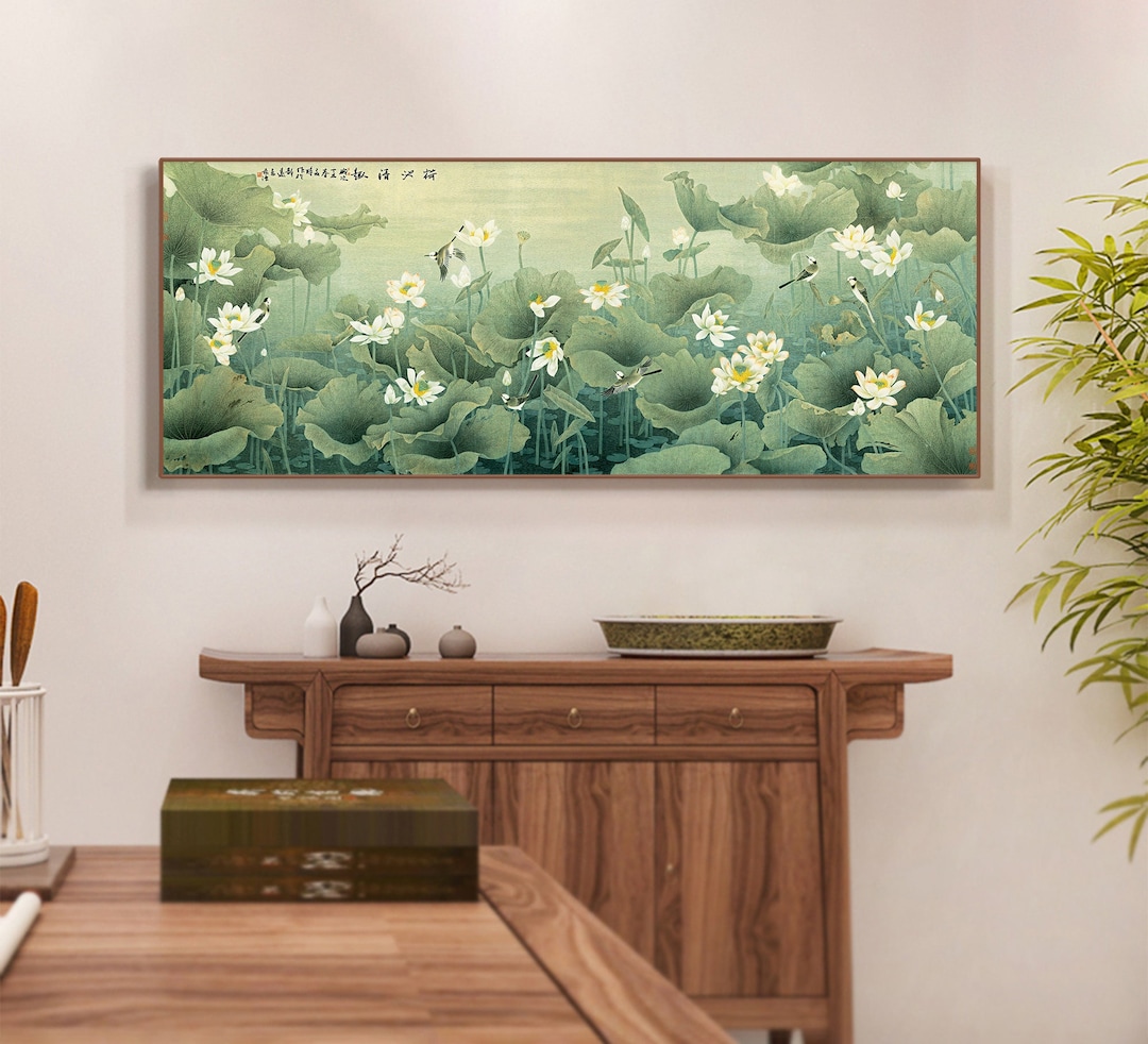 Refreshing Summer Green Lotus Pond Art, White Lotus Meticulous Art ...