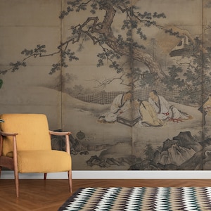 Japanese Literati Painting Screen Art, Playing Go Under the Pine Tree ...