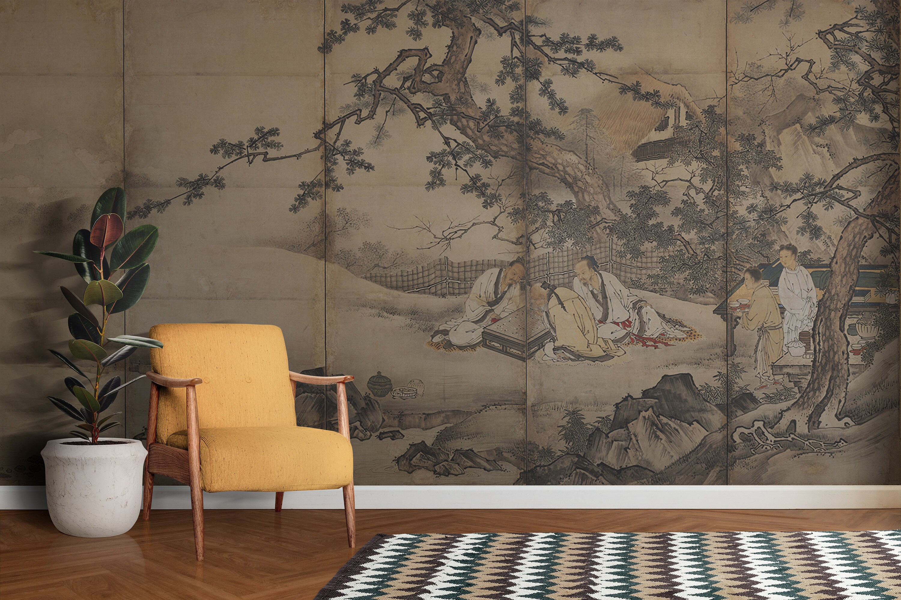 Japanese Literati Painting Screen Art, Playing Go Under the Pine Tree ...