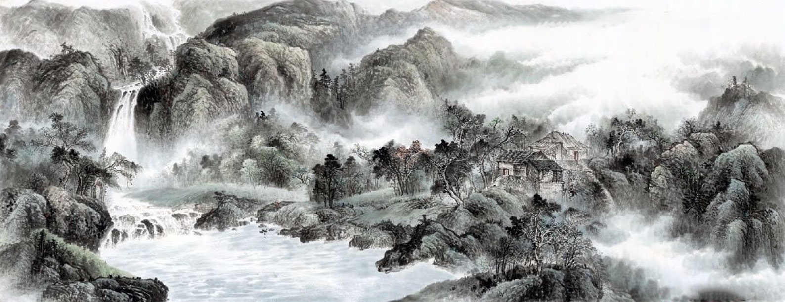 Black and White Mountain Painting, Misty Mountain Landscape Art ...