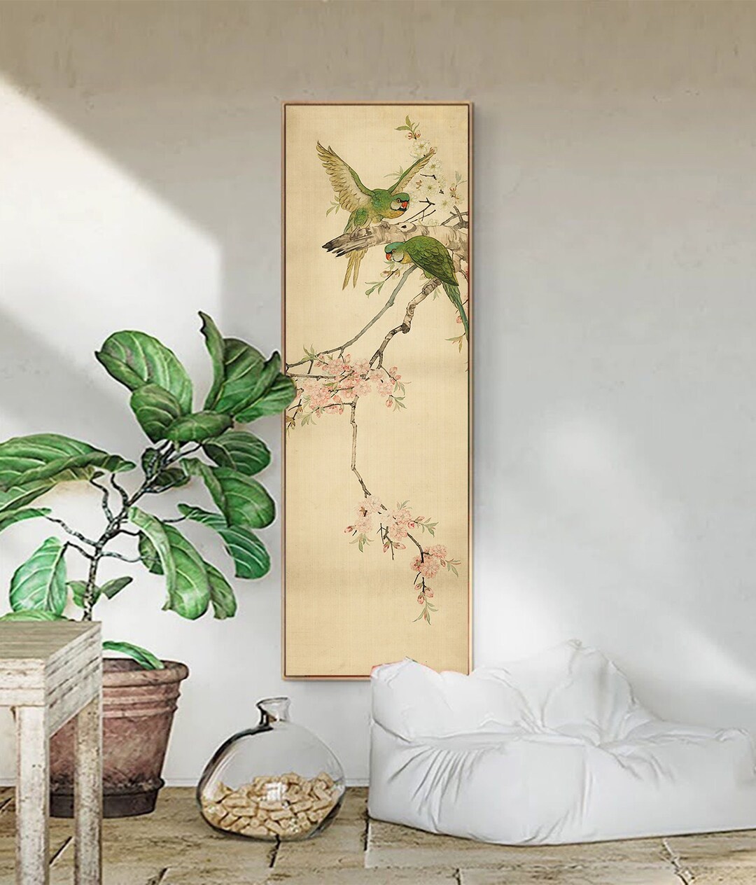 Rose-ringed Parakeet Resting on Peach Blossoms Branch, Vertical Narrow ...