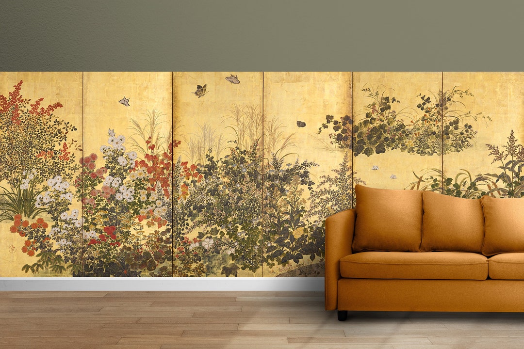 Autumn Season Flowers, East Asian Botanic Screen Painting Wall Décor ...