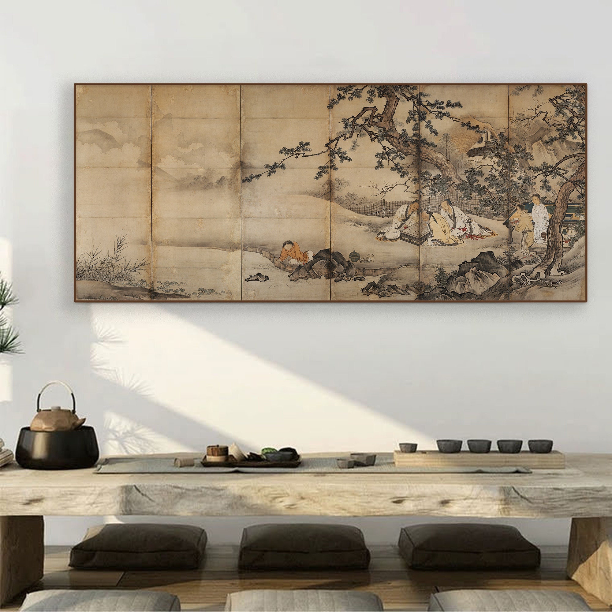 Japanese Literati Painting Screen Art, Playing Go Under the Pine Tree ...