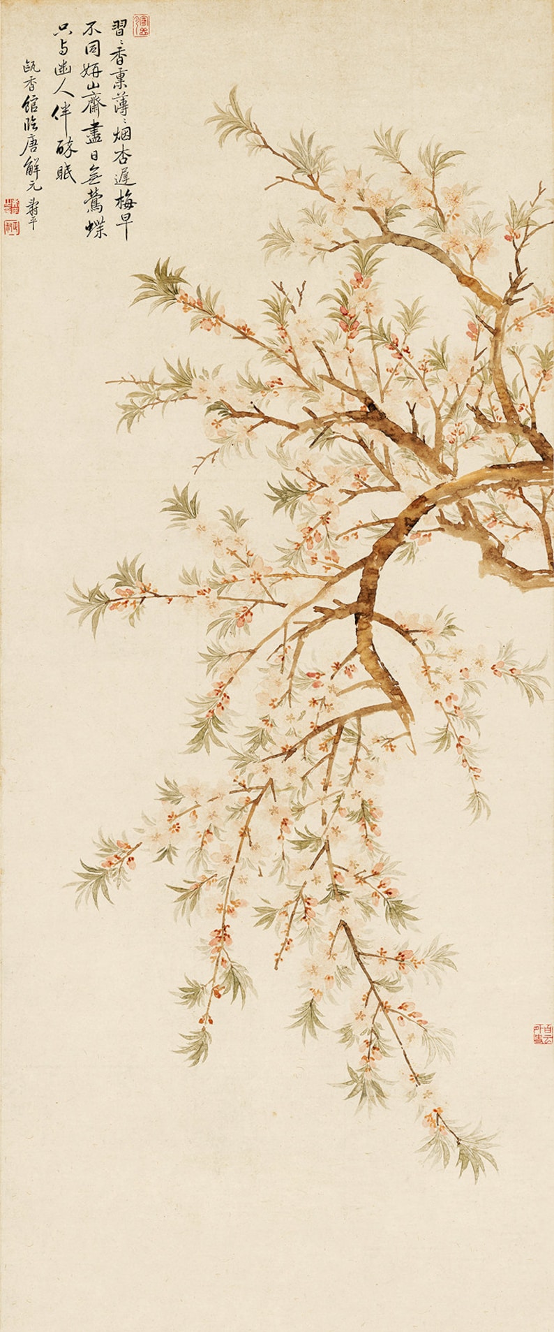 Peach Blossoms, Minimal Boneless Tree Flower Painting Print, Vertical ...