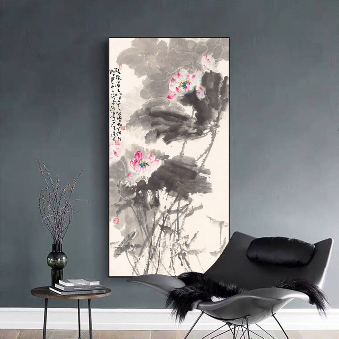 Pink Lotus Brush Painting, Chinese Shuimo Xieyi Lotus, Abstract Minimal ...