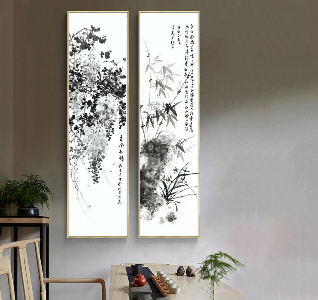 Set of 4, minimal black and whine brush painting, Xieyi style bird and ...