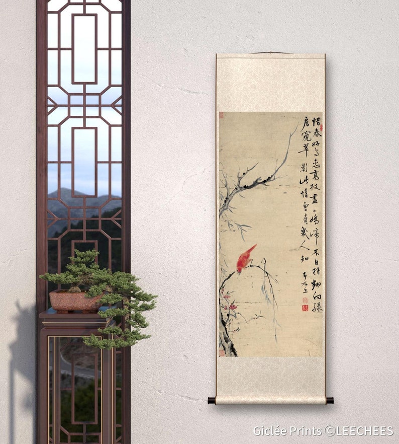 East Asian Zen Art, Minimal Little Red Bird and Willow Art, Ancient ...