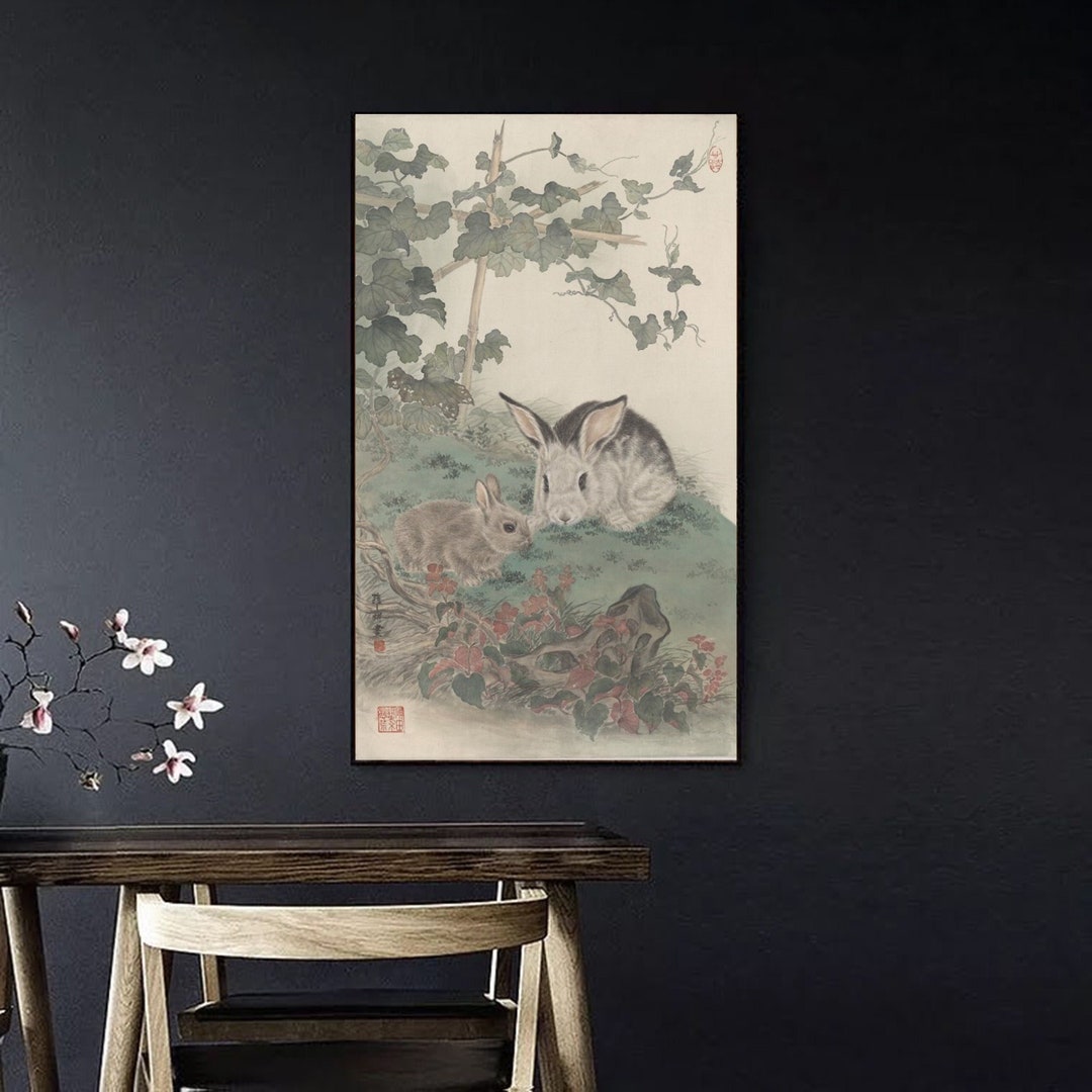 Rabbits Watercolor Painting, Vertical Rabbits Wall Art, Handcrafted ...