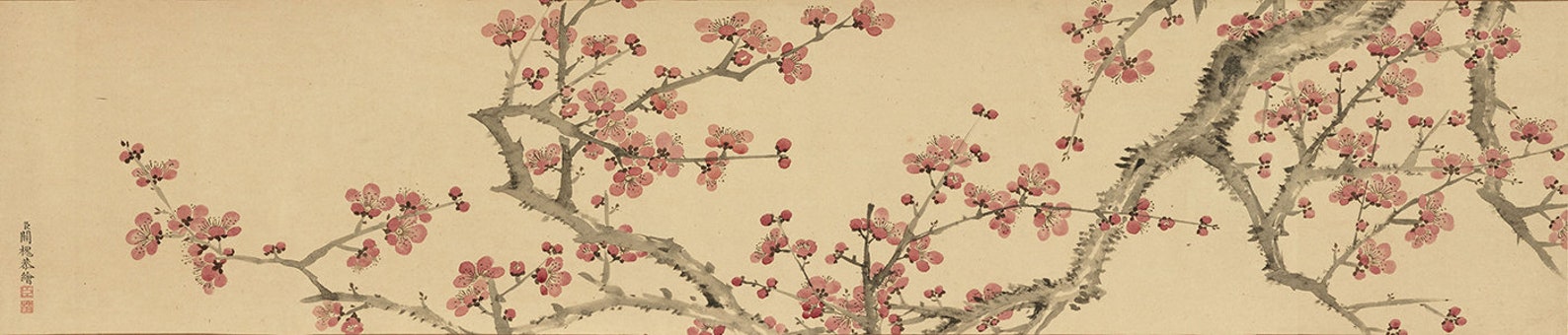 Red Plum, Chinese Antique Brush Painting, Horizontal Narrow Minimal ...