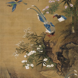 Chinese Blue Magpies and Bamboo Art, Auspicious Chinese Botanic ...