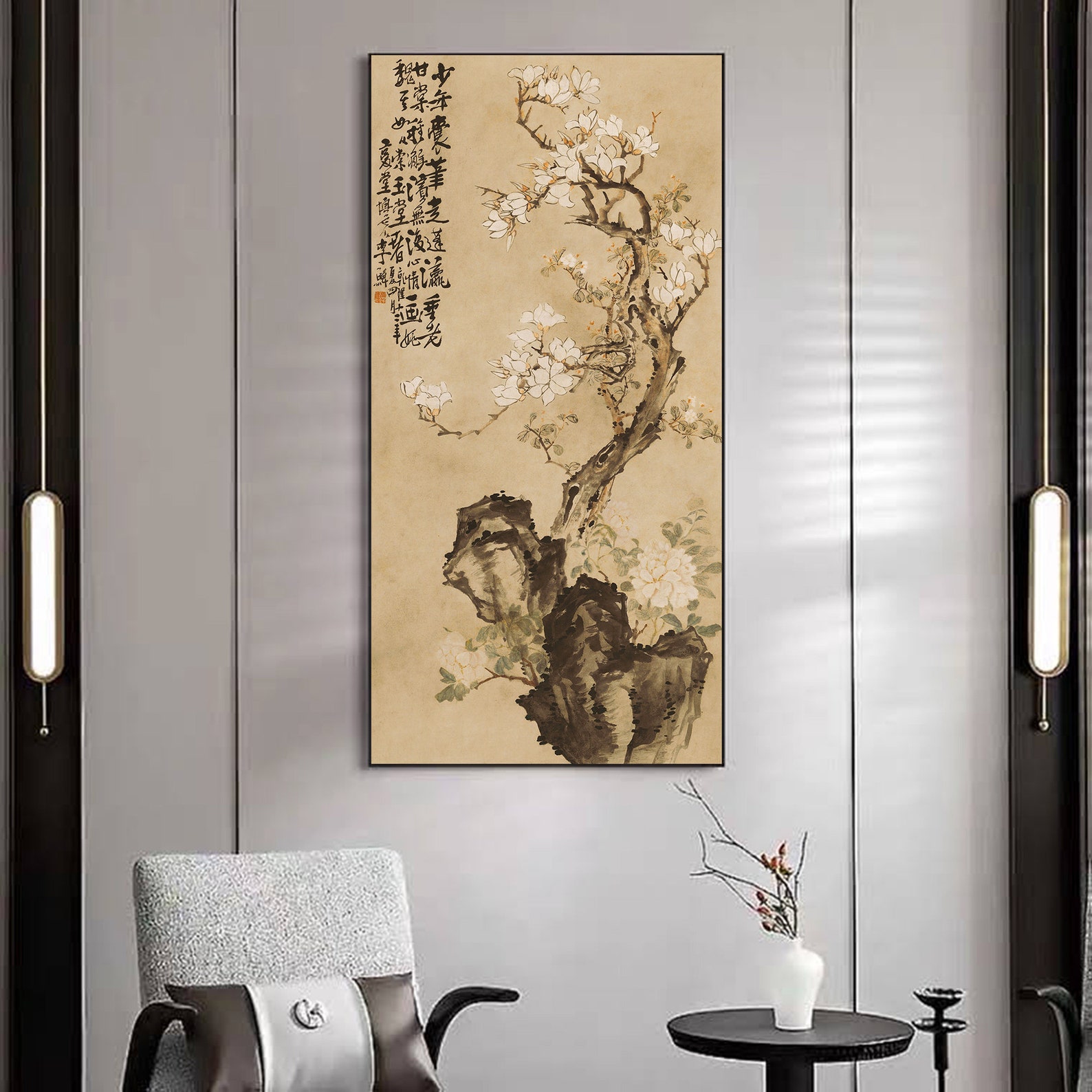 Magnolia Blossoms, Minimal Freehand Magnolia Flower Painting, Vertical ...