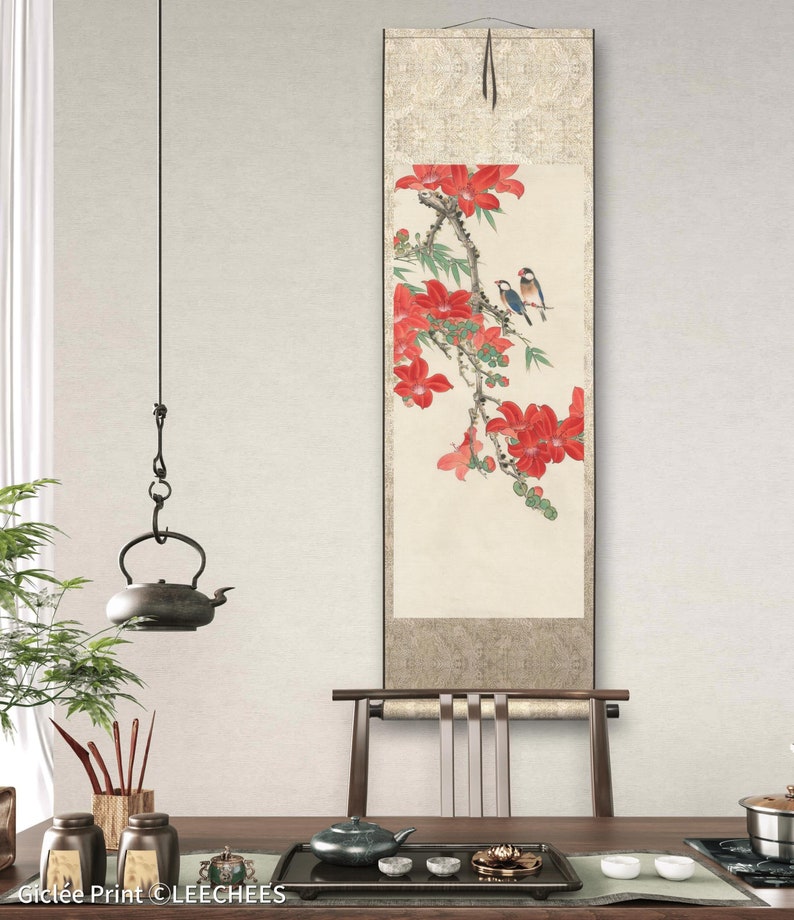 Red Azalea Blossoms and Little Blue Birds, Chinese Traditional Gongbi ...