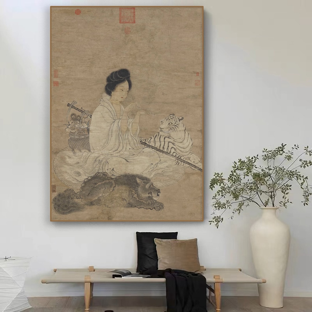 Fairy in White, White Tiger, Lion, Gongbi Maid Painting, Graceful ...