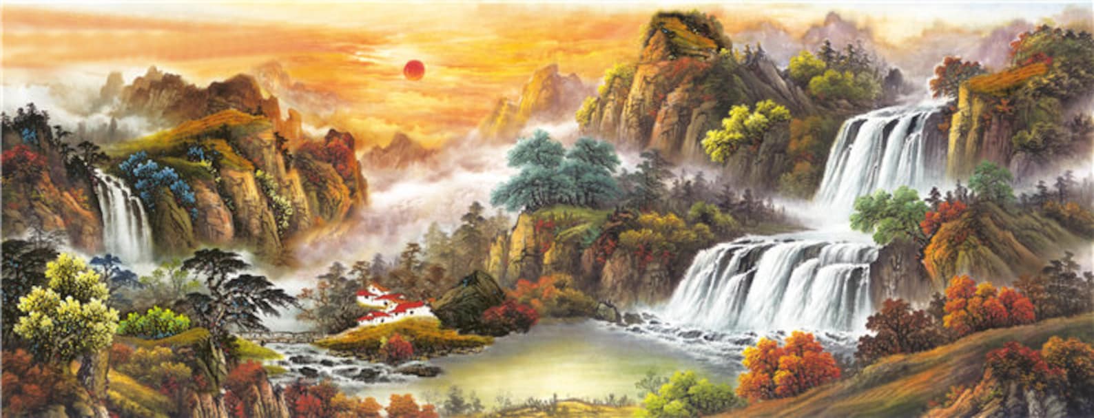 雲山紅日 Sunrise clouds mountain peaks Chinese Feng shui painting | Etsy