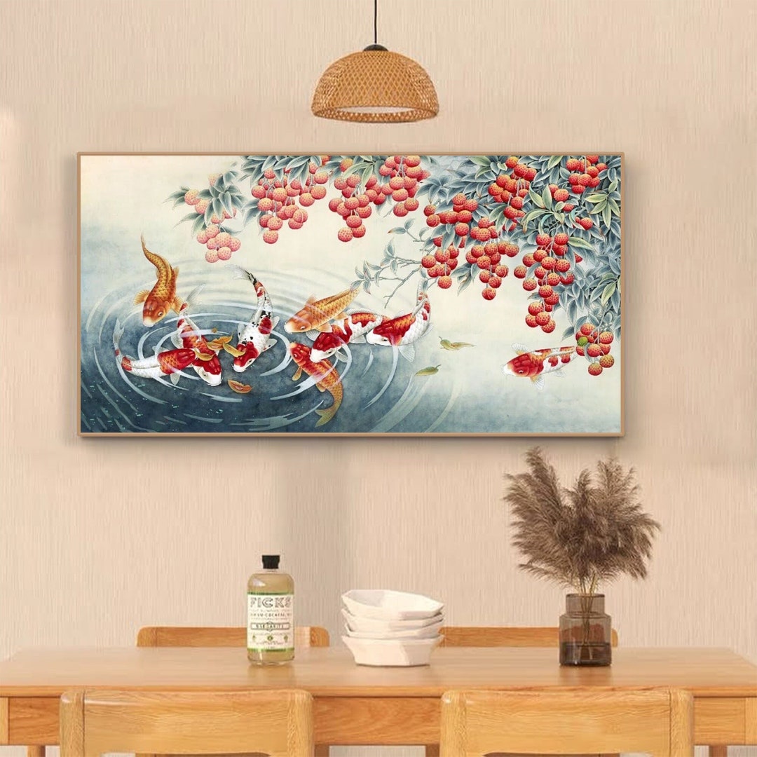 Lychee and Koi Fish Painting, Feng Shui Art of Nine Koi Fish for ...