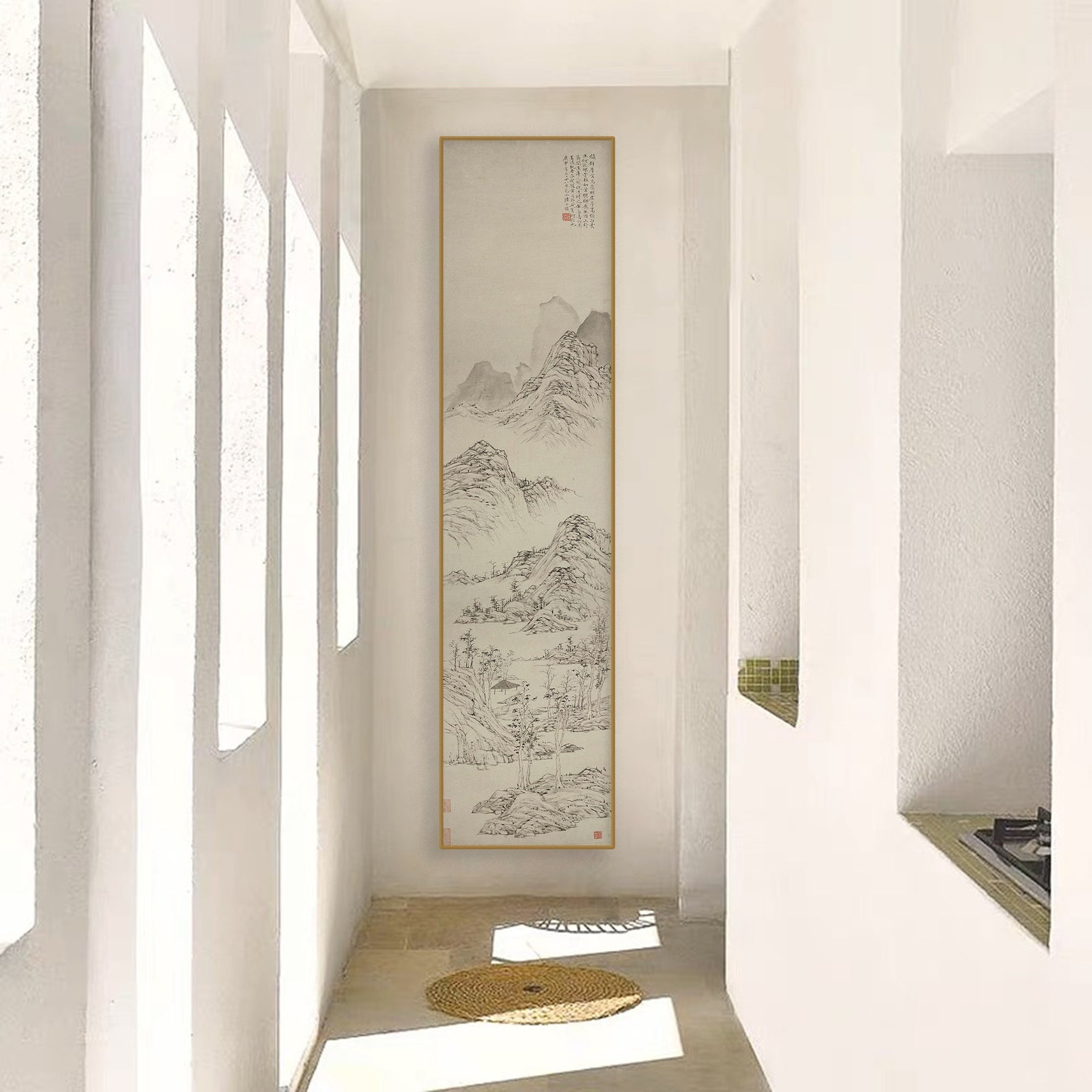 Vertical Narrow Minimal Mountain Art, Shan Shui Painting, Ink Brush ...