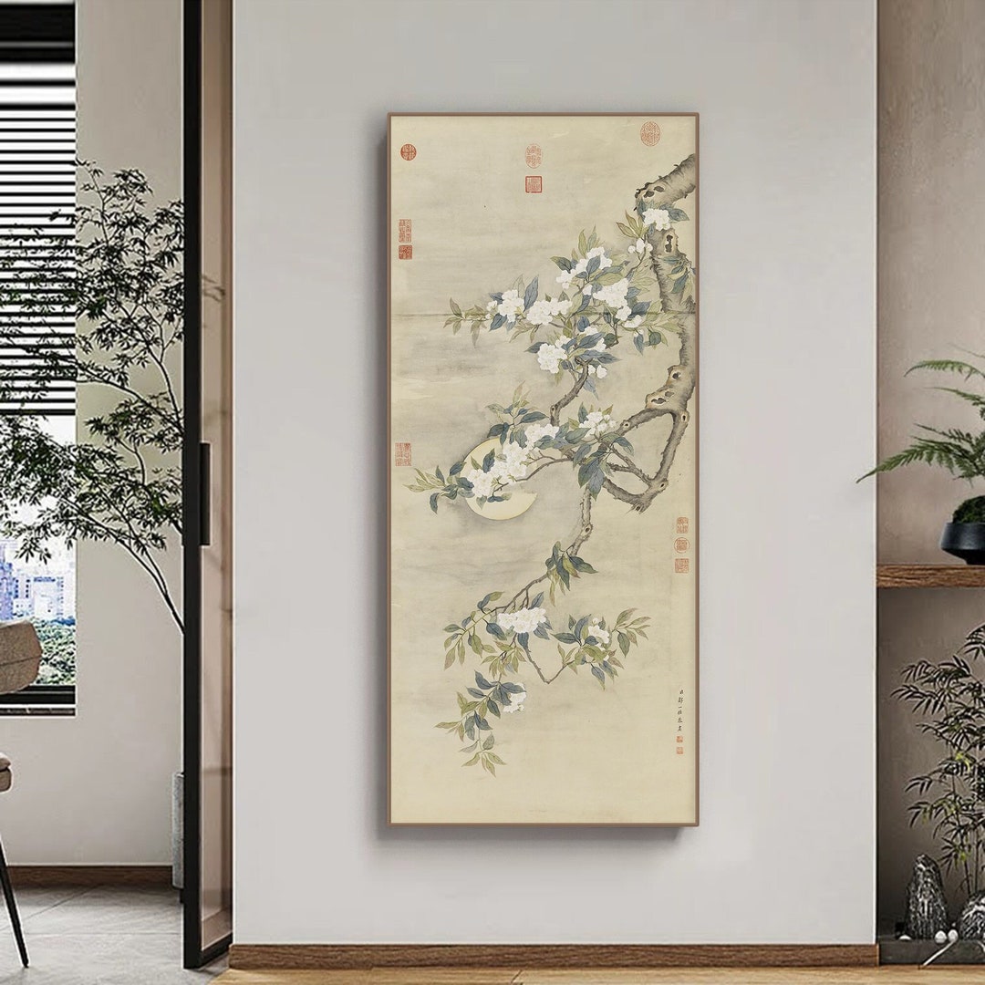 Pear Blossoms Bath in Moonlit Night, Vertical Narrow Bird and Flower ...