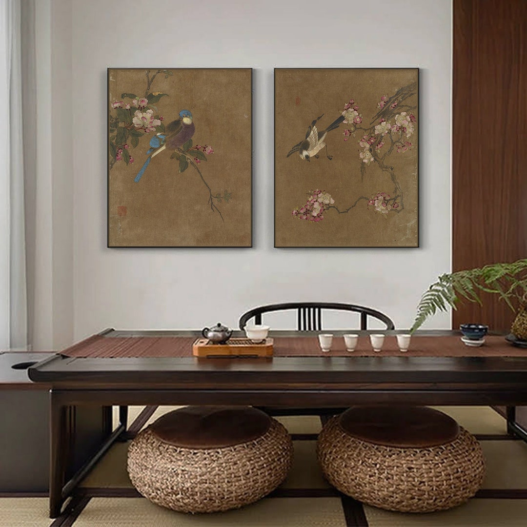 Set of 2, Haitang Flowers and Peach Blossoms Art, Chinese Antique Bird ...
