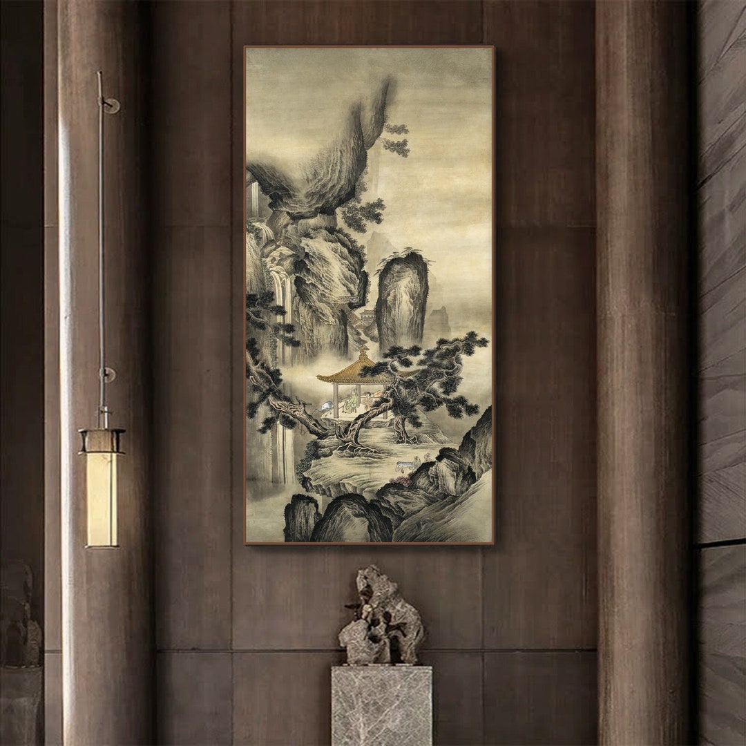 Viewing Waterfall in Pine Pavilion, Chinese Vintage-retro Literati ...