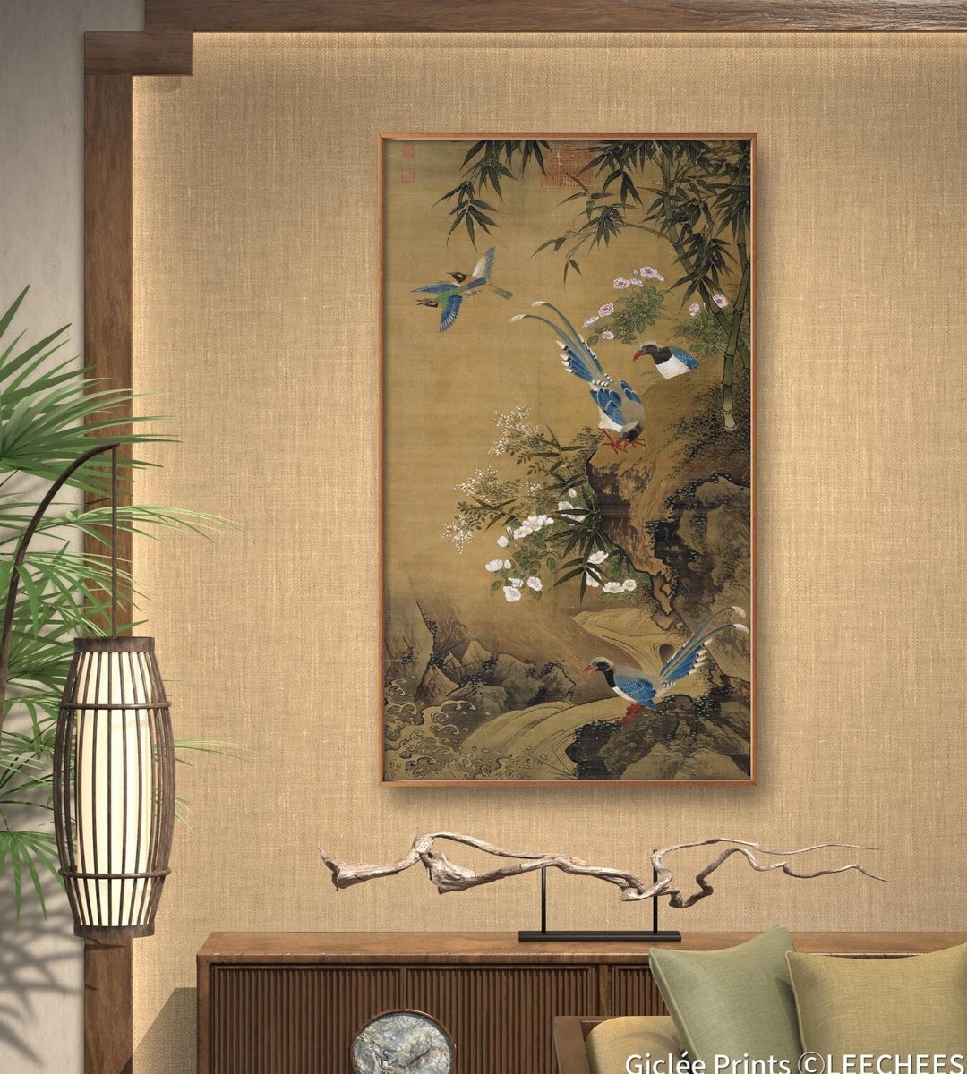 Chinese Blue Magpies and Bamboo Art, Auspicious Chinese Botanic ...