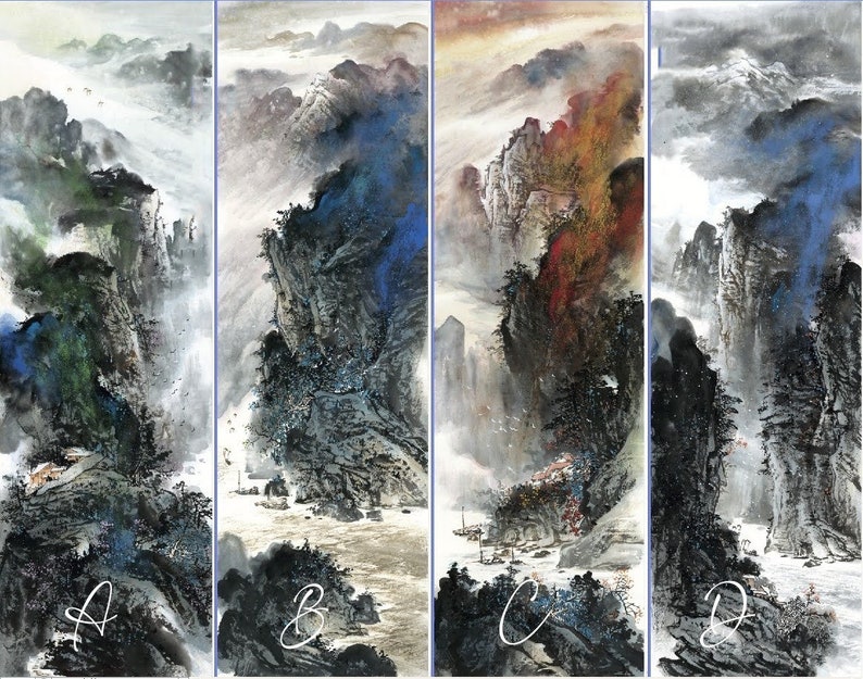 Set of 4 Vertical Narrow Mountain Art Abstract Ink Wash - Etsy