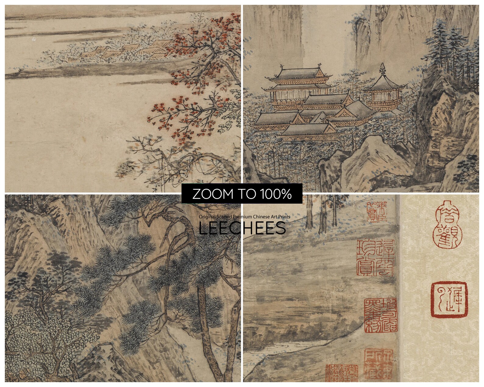 Long Horizontal Chinese Landscape Wall Art, Retro Style Wide Mountains ...