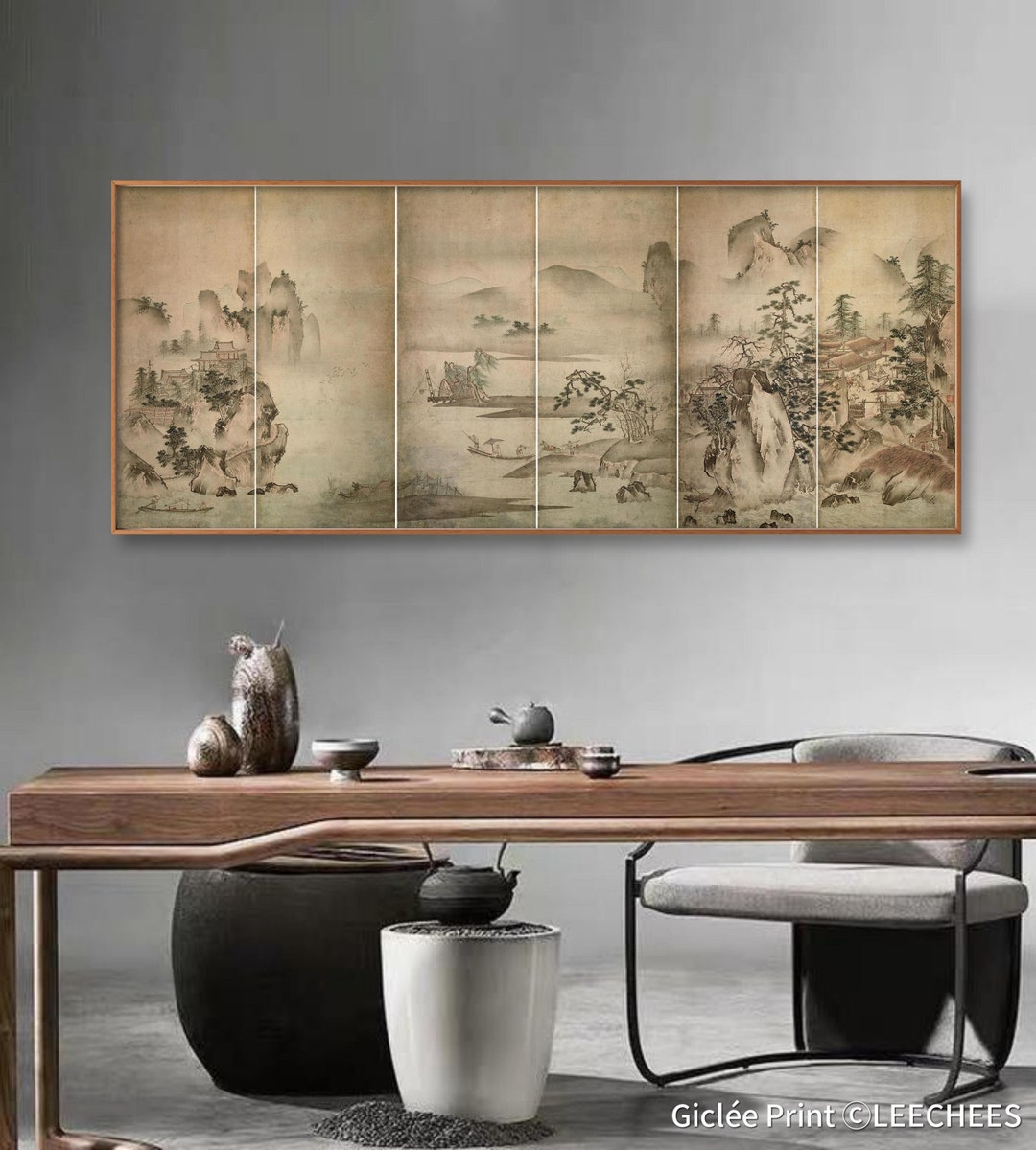 Japanese Minimal Literati Landscape Painting, East Asian Wall Décor ...
