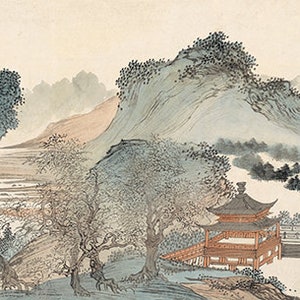 Chinese Ancient Loft Palace Pavilions in Mountains, Horizontal Narrow ...