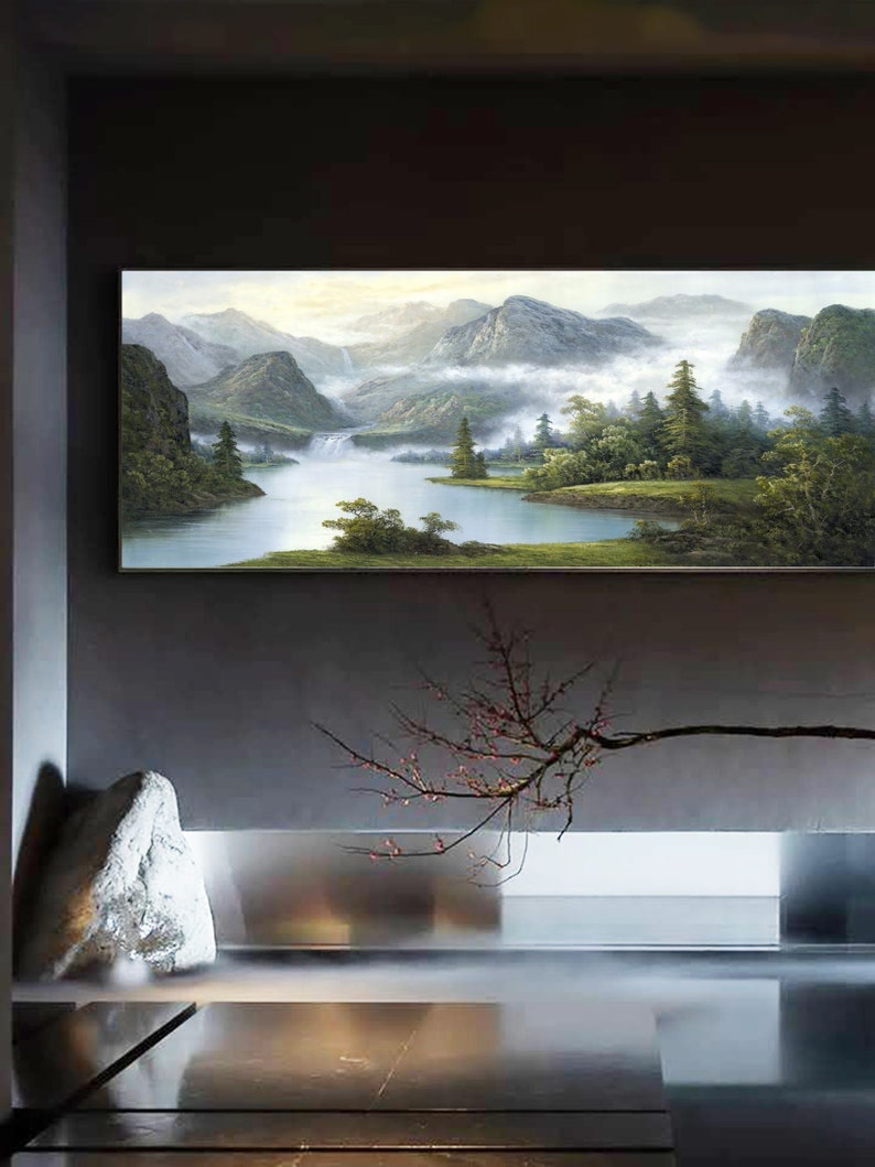 Misty Forests and Mountains, Large Natural Scenery Art, Wide Water Area ...