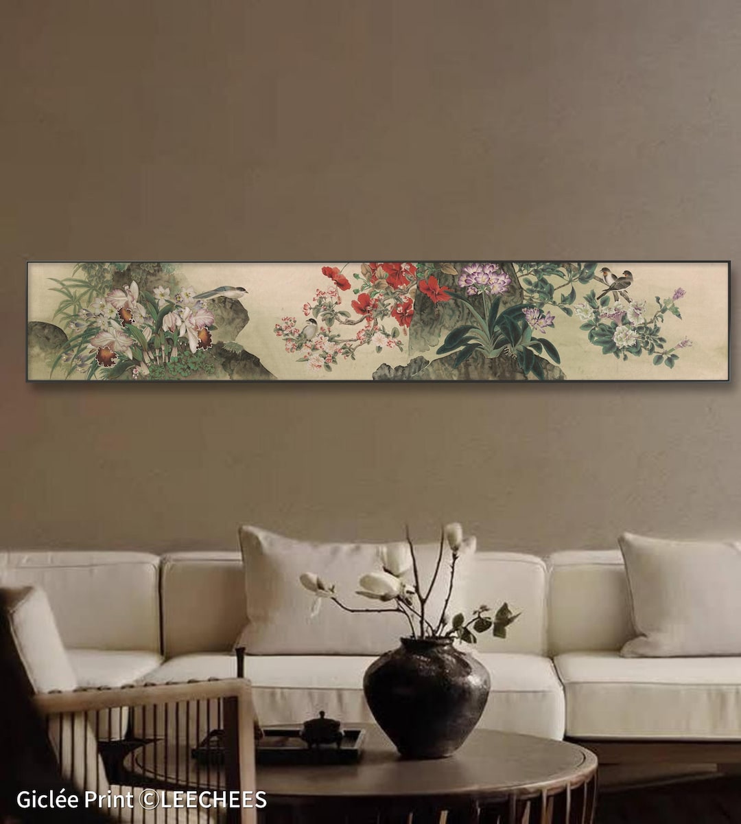 Chinese Traditional Gongbi Painting, Horizontal Narrow Floral and Bird ...