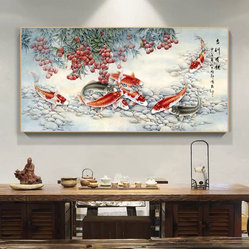 Feng Shui Koi Wall Art, Lychee and Nine Koi Fish, Meticulous Koi ...