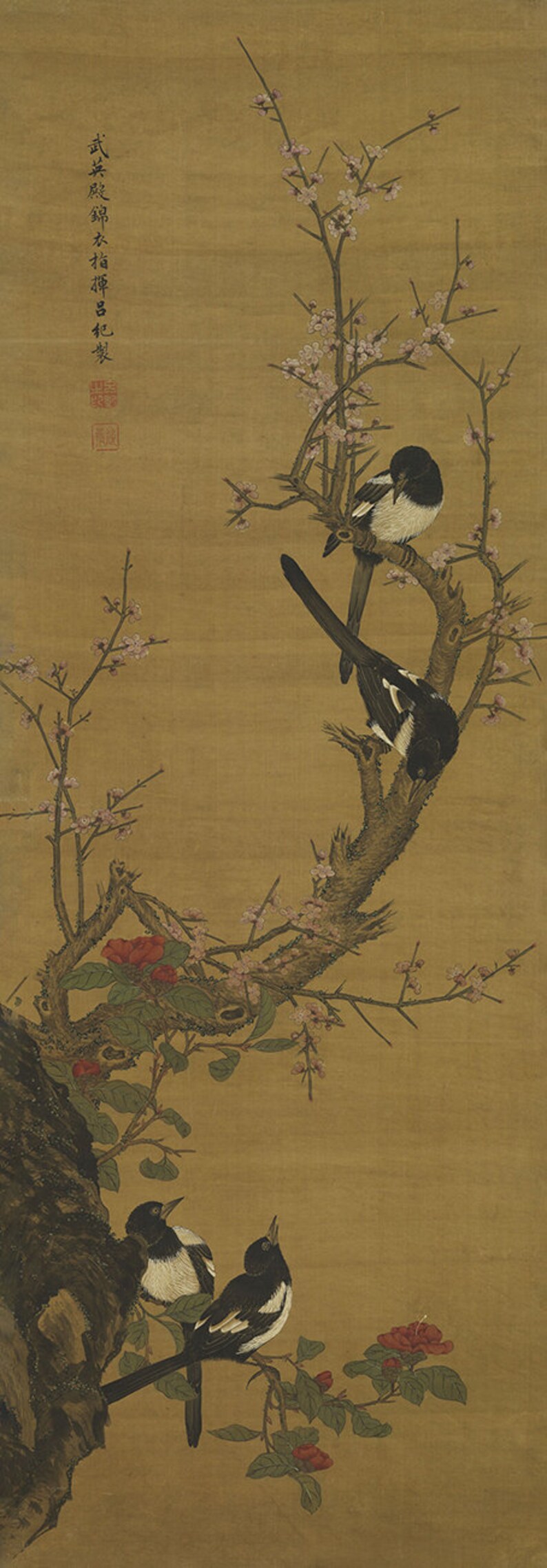 Four Magpies in Early Spring, Vintage Retro Chinese Wall Hanging ...