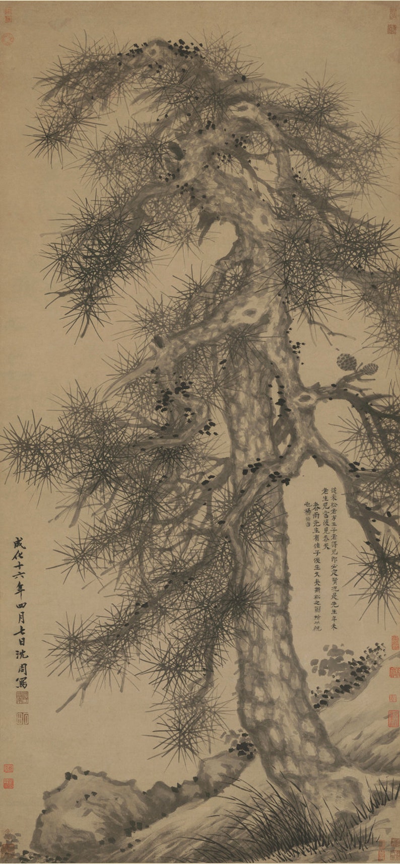 Chinese Antique Pine Tree Painting, Ancient Painting Silk Print, Large ...