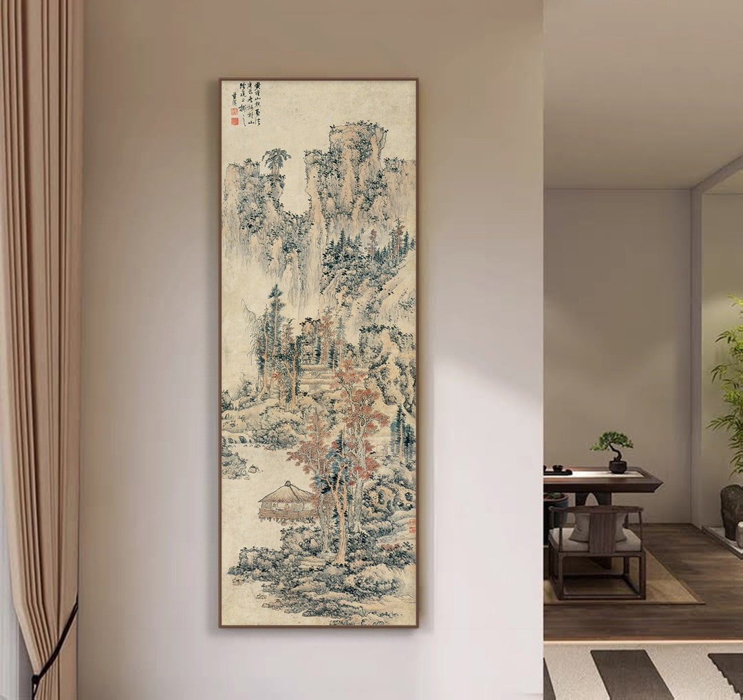 Qing Dynasty Antique Shan Shui Vertical Narrow Scroll, High Mountains ...