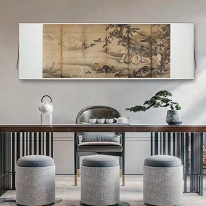 Japanese Literati Painting Screen Art, Playing Go Under the Pine Tree ...