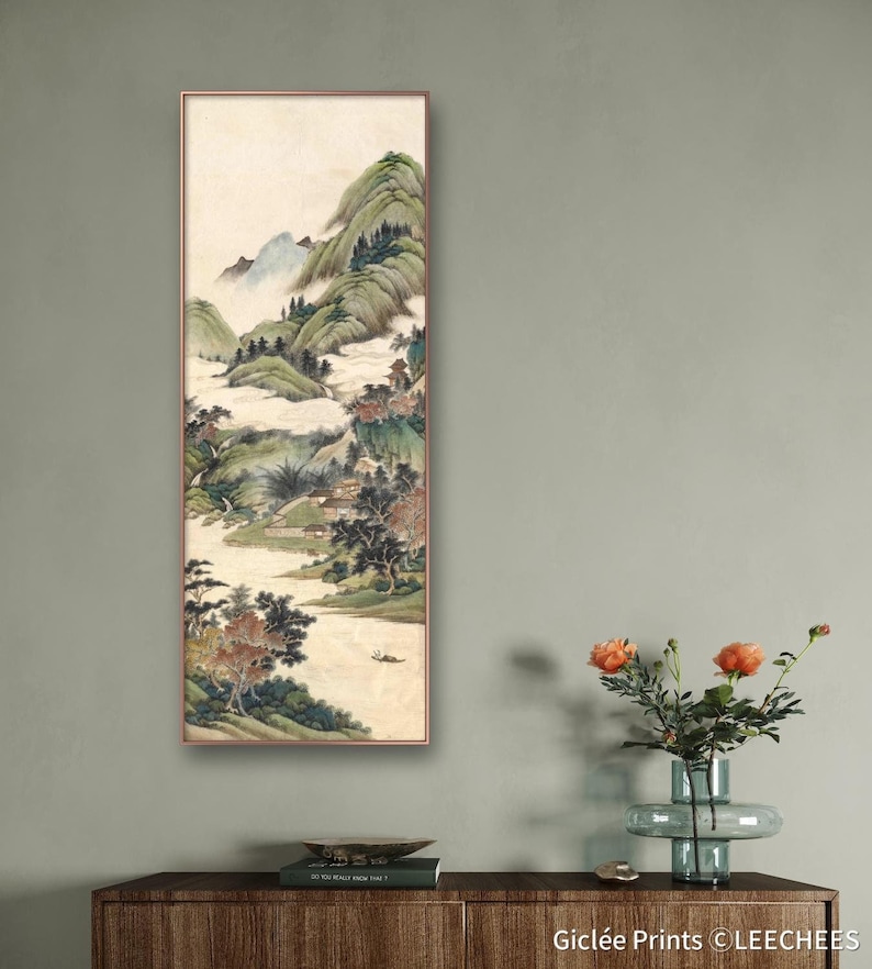 Lofty Shan Shui Art, Cascading Green Mountains Floating Boat on Quite ...