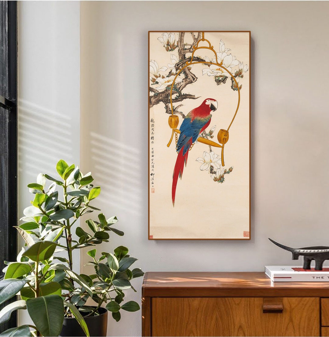 Red-and-green Macaw and Magnolia, Chinese Meticulous Bird-and-flower ...