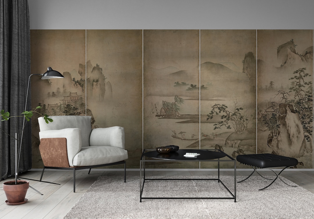East Asian Minimal Shan Shui Painting, Large Landscape Wall Mural ...
