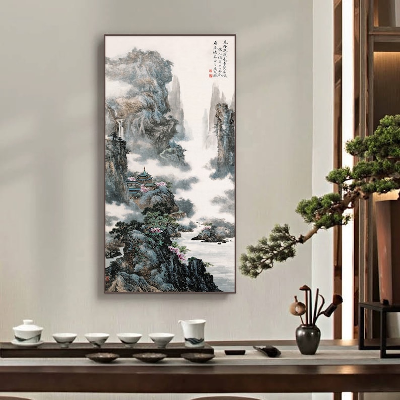 Large Vertical Chinese Landscape Painting, Giclee Print, Pavilion ...